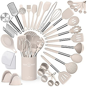 Umite Chef Silicone Kitchen Cooking Utensil Set, 43 pcs Silicone Kitchen Spatula Utensils Set with Stainless Steel Handle, Non-stick Heat Resistant - Best Kitchen Cookware Set-(Khaki)