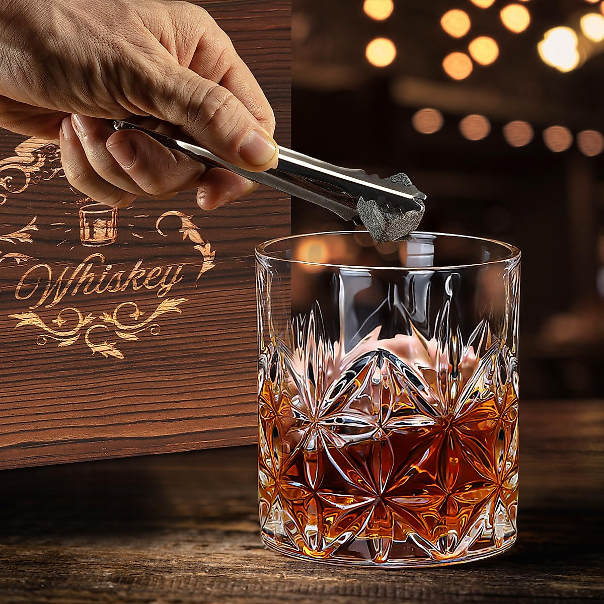 Whiskey Stones Gifts for Men - Groomsmen Gifts, 4 Granite Chilling Stones Bourbon Whiskey Glasses Set - Unique Birthday Gifts for Men Christmas Father's Day Valentine Retirement