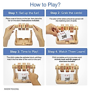 Real Wood Spin and Read Montessori Phonetic Reading Blocks Combines Spelling Blocks with Phonics flashcards for a Frustration Free Spelling for Kids and Beginner CVC Reading