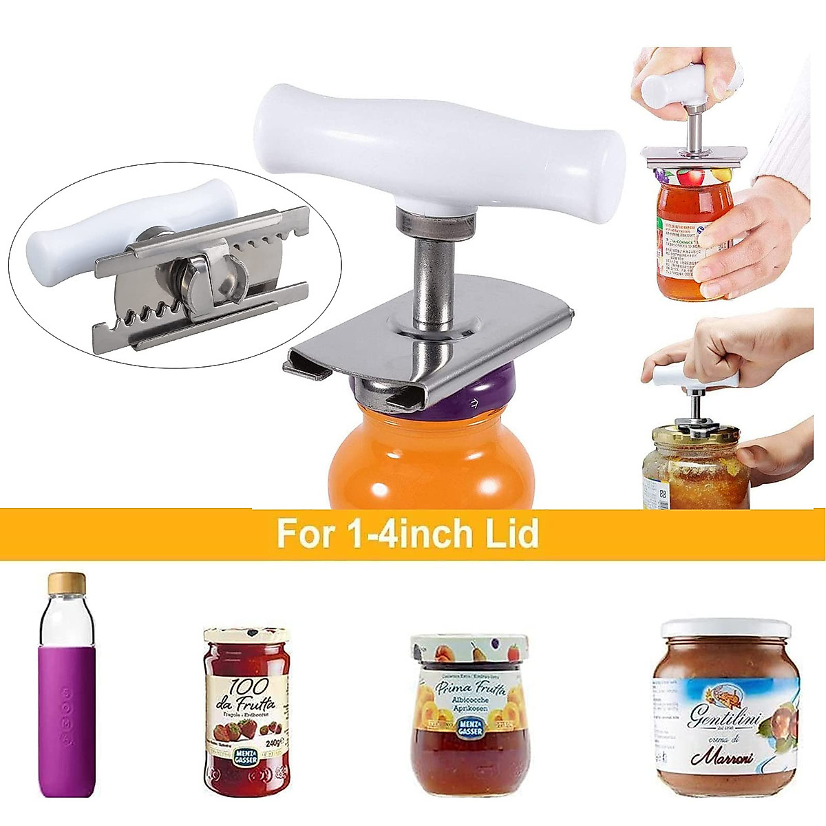 5 in 1 Lids off Bottle Opener, Jar Opener Multifunction Adjustable for 1-4 inches Bottle Can,Waiters Corkscrew, Wood &Steel Wine Opener, Ideal For Women, Kids, Seniors - for Multipurpose Kitchen Tool