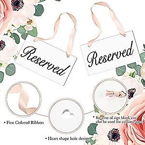 Blulu 6 Pieces Wooden Reserved Signs Hanging White Wood Signs Wedding Chair Seating Handmade Signage Rustic Style Wood Signs, 1 roll Light Coffee Color Ribbon for Wedding and Restaurant Use