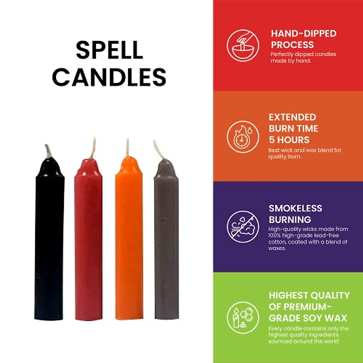 Spell Candles 48 Pack 4" Tall x 1/2" Dia, Hidden Wicks, 12 Colors 4 Mini Candles Black, White, Green, Red, Yellow, Orange, Blue. Brown, Pink, Purple, Grey, Non-Metallic Gold, Free Candle Spell Book