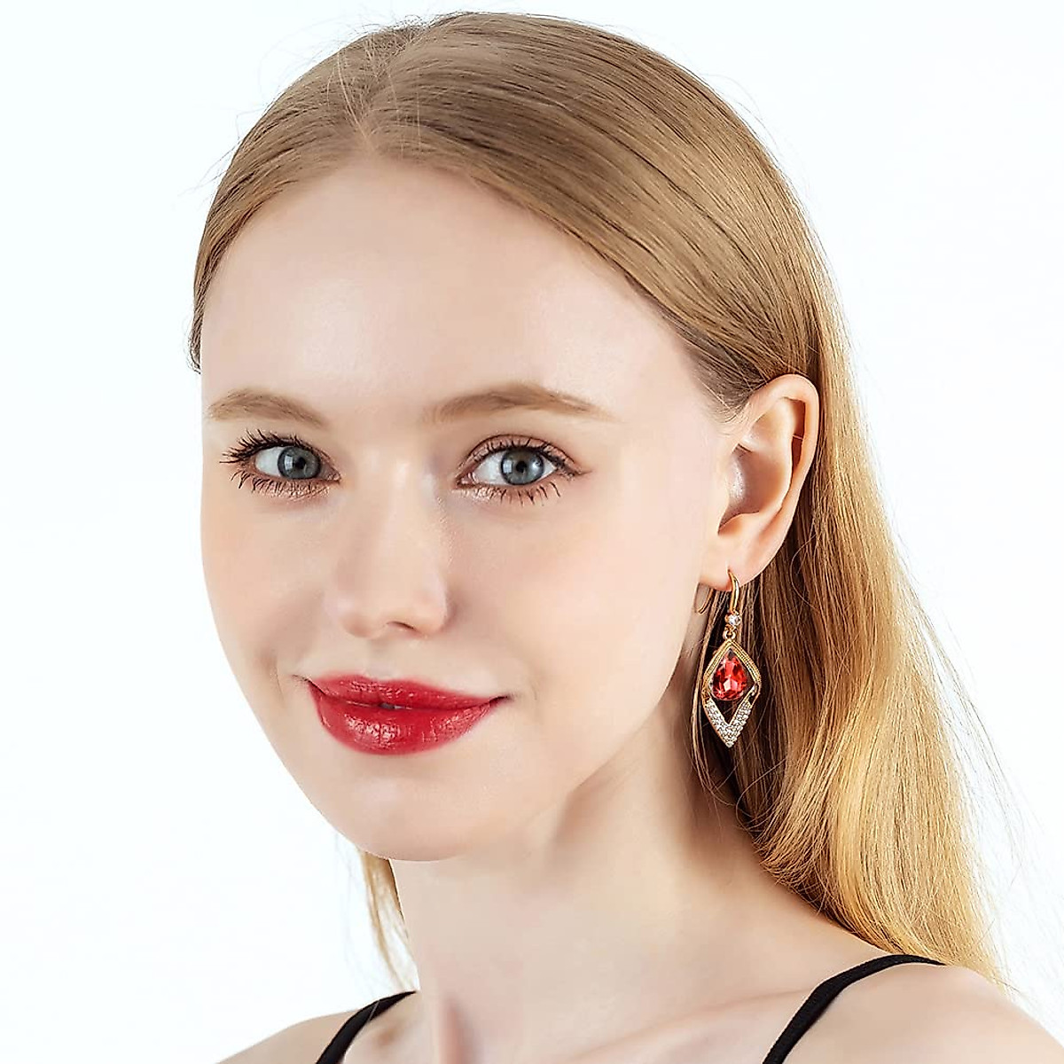 Austrian Crystal Teardrop Hollow Leaf Drop Dangle Earrings for Women 14K Rose Gold Plated Hypoallergenic Jewelry (Red)