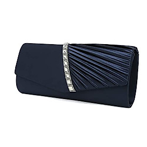 CHARMING TAILOR Evening Handbag Crystal Embellished Purse Pleated Satin Clutch (Navy Blue)