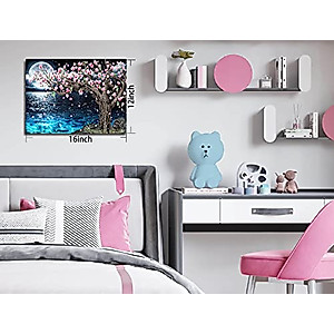 Magnolia Tree Wall-Art For Bedroom - Pink And Blue Wall Decor - Moon Framed Canvas Art Picture 16" x 12"