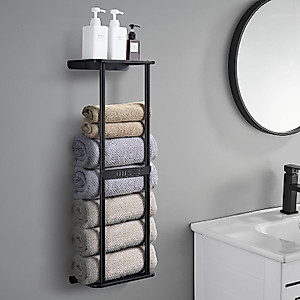 ULUPJ Wall-Mounted Towel Racks for Bathroom, Matte Black 31.5 Inch Towel Storage Rack - 7 Large Rolled Towels Holder, Space-Saving, Top Shelf for Additional Storage