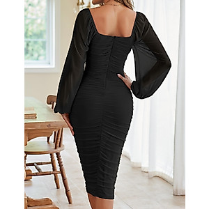 MEROKEETY Women's Long Puff Sleeve Ruched Bodycon Dress Square Neck Mesh Cocktail Party Midi Dresses,Black,M