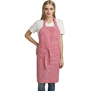 Vintage Gingham Kitchen Aprons Chef Bib Canvas Aprons Christmas Holiday Home Decorative 100% Pure Cotton Aprons in Large Size with Pockets Adjustable Neck Strap Long Ties Aprons(Red)