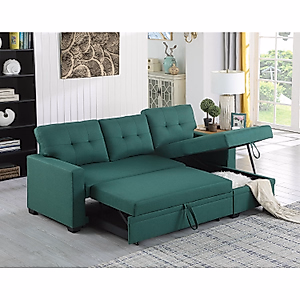 Devion Furniture L-Shaped Polyester Fabric Reversible, Easy Convertible Pull-Out Sleeper Sectional Sofa/Storage Chaise with Tufted Back Cushions and Track Arms in Green