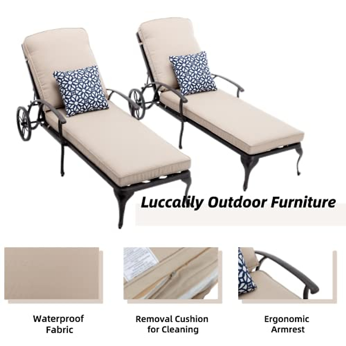 Luccalily Chaise Lounge Patio Chair with Wheels, Adjustable Reclining Rust-Resistant Aluminum Cast Poolside Chaise Lounge Furniture Set of 2, Waterproof Beige Cushion