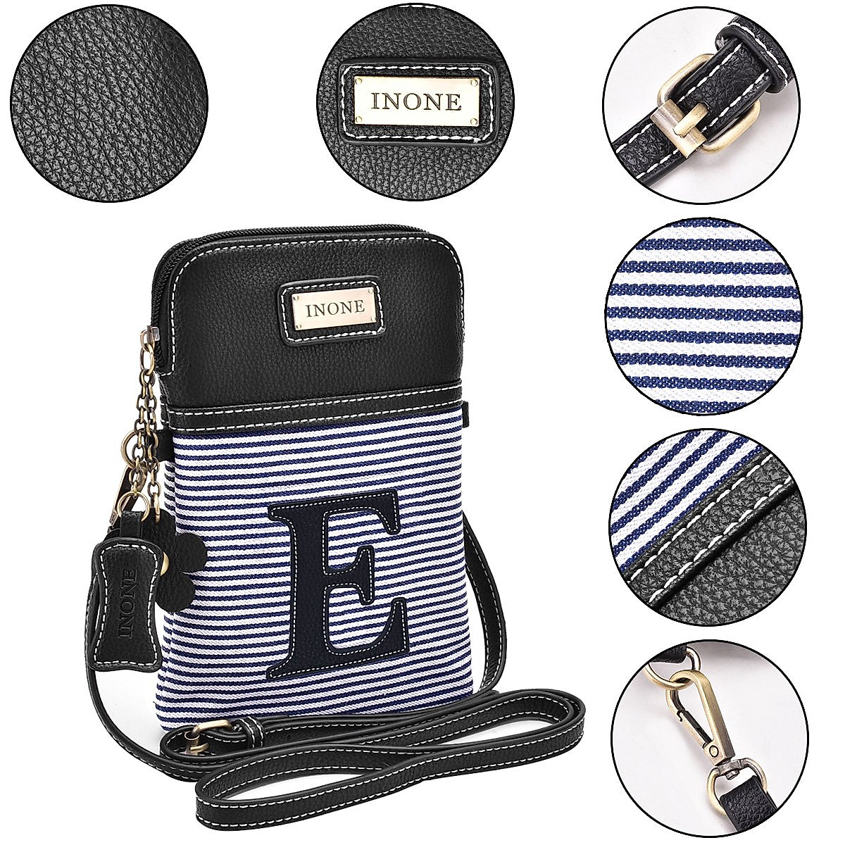 inOne Crossbody Bag Cell Phone Purse - Women PU Leather Handbag with Black and White Stripe Canvas Adjustable Straps - Monogram - Letter S