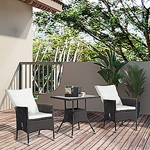 Outsunny 3 Piece Patio Bistro Set, Outdoor PE Wicker Furniture Conversation Set with Tufted Cushion Reclining Chairs & Coffee Table for Backyard, Lawn, Porch, Poolside, Balcony, Cream White