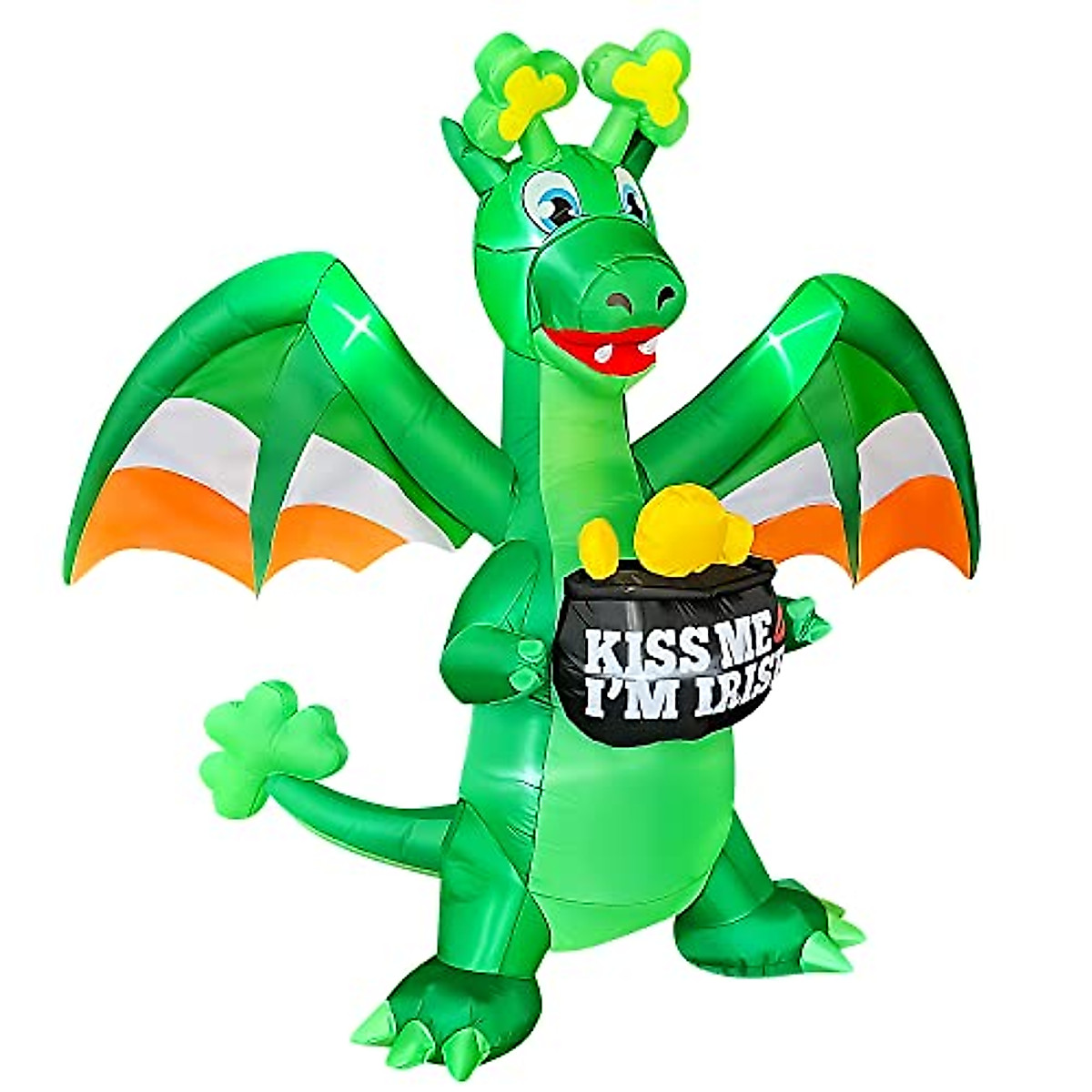 SEASONBLOW 7 Ft Inflatable St. Patrick's Day Dragon Holding a Pot of Gold Decoration with Shamrock Horn Irish Wings LED Blow Up Yard Decor for Lawn Yard Garden Indoor Outdoor Holiday Party