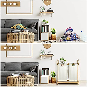Bellzacasa Bamboo Laundry Hamper Shelf 2 Section Hamper Laundry Basket Bamboo Laundry Organizer with 2 Removable Beige Liner Bag For Bathroom Living Room Bedroom