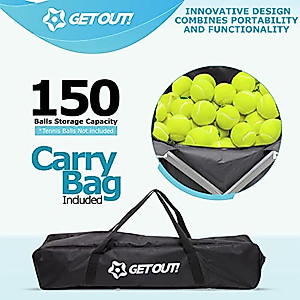 Get Out! Portable Tennis Ball Hopper Basket with Wheels - Tennis Ball Cart for 150 Racquetball, Pickleball, Baseball