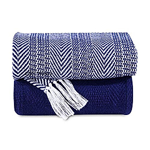 Luxurious Hand Woven Cozy Warm 100% Combed Cotton All Season Indoor Outdoor Light Weight Fade Resistant Couch Chair Bed Throw Blankets Batik 50x60 Inch Set of 2 (Navy)
