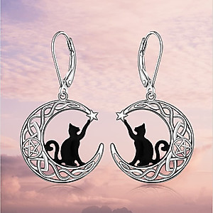 Black Cat Earrings for Women Sterling Silver Leverback Cute Animal Crescent Moon Celtic Knot Dangle Drop Earrings Hypoallergenic Cats Lover Halloween Gifts