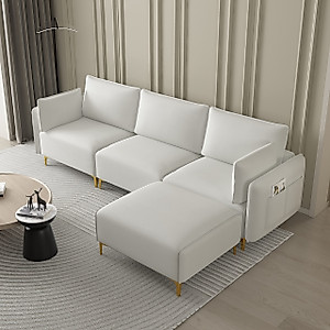 WILLIAMSPACE Convertible Sectional Sofa for Living Room, Modern Luxury L Shape Couch with USB & Magazine Bag, 4 Seat Fabric Sofa with Metal Legs (Beige)