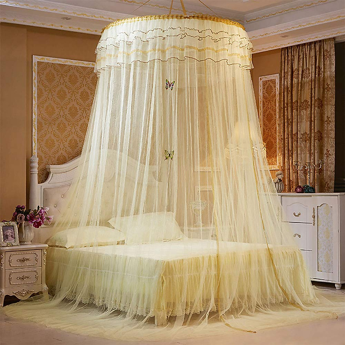 Princess Lace Style Mosquito Net, Foldable Round Bed Canopy, Bed Canopy, for Children Girls Baby Kids(Beige)