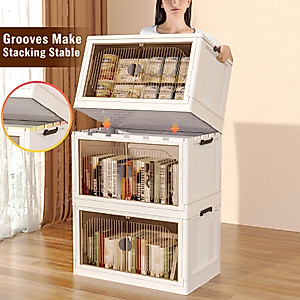 Clear Storage Bin with Lid 3 Pack 【Stackable & Sturdy】Plastic Bins for Storage, Multifunctional Folding Storage Bins for Bedroom, Living Room, Study, Toy Room, Folding Box with Magnetic door