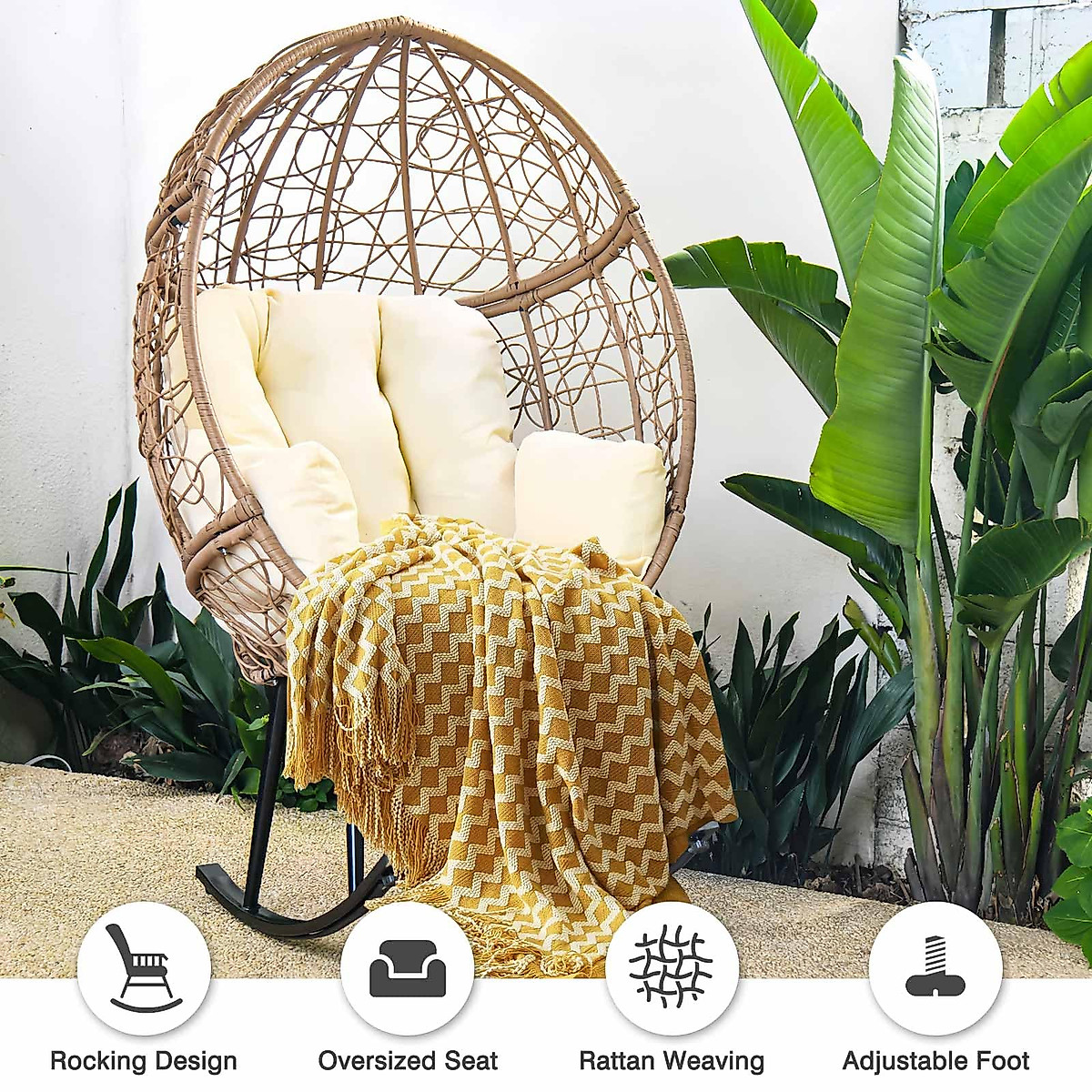 ZBLUXBZ Outdoor Rocking Egg Chair, Oversized Patio Egg Lounge Chairs with 6 inch Thick Cushion, All-Weather Wicker Basket Chair for Indoor, Outside (Beige)