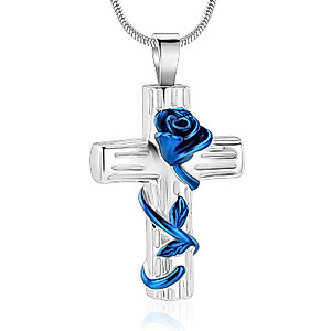 Urn Necklace for Ashes Rose Flower Cross Cremation Jewelry Pendant for Human/Pet Funeral Keepsake Memorial Necklace(Blue)