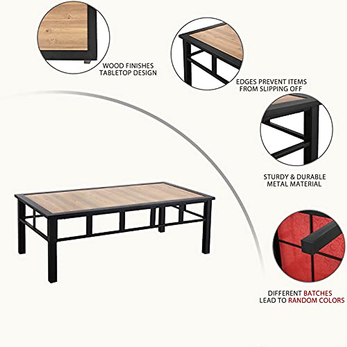Festival Depot Patio Coffee Table Rectangle Metal Table with Wood Grain Tabletop All-Weather Outdoor Furniture for Deck Poolside Garden (25.2" x 46.5" x 18.3")