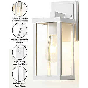 Eidonta Outdoor Wall Sconce, 2 Pack Exterior White Wall Lantern Light Fixtures with Clear Glass Shade, Waterproof Wall Mount Light, E26 Socket Modern Anti-Rust Porch Lighting (Bulb Not Included)