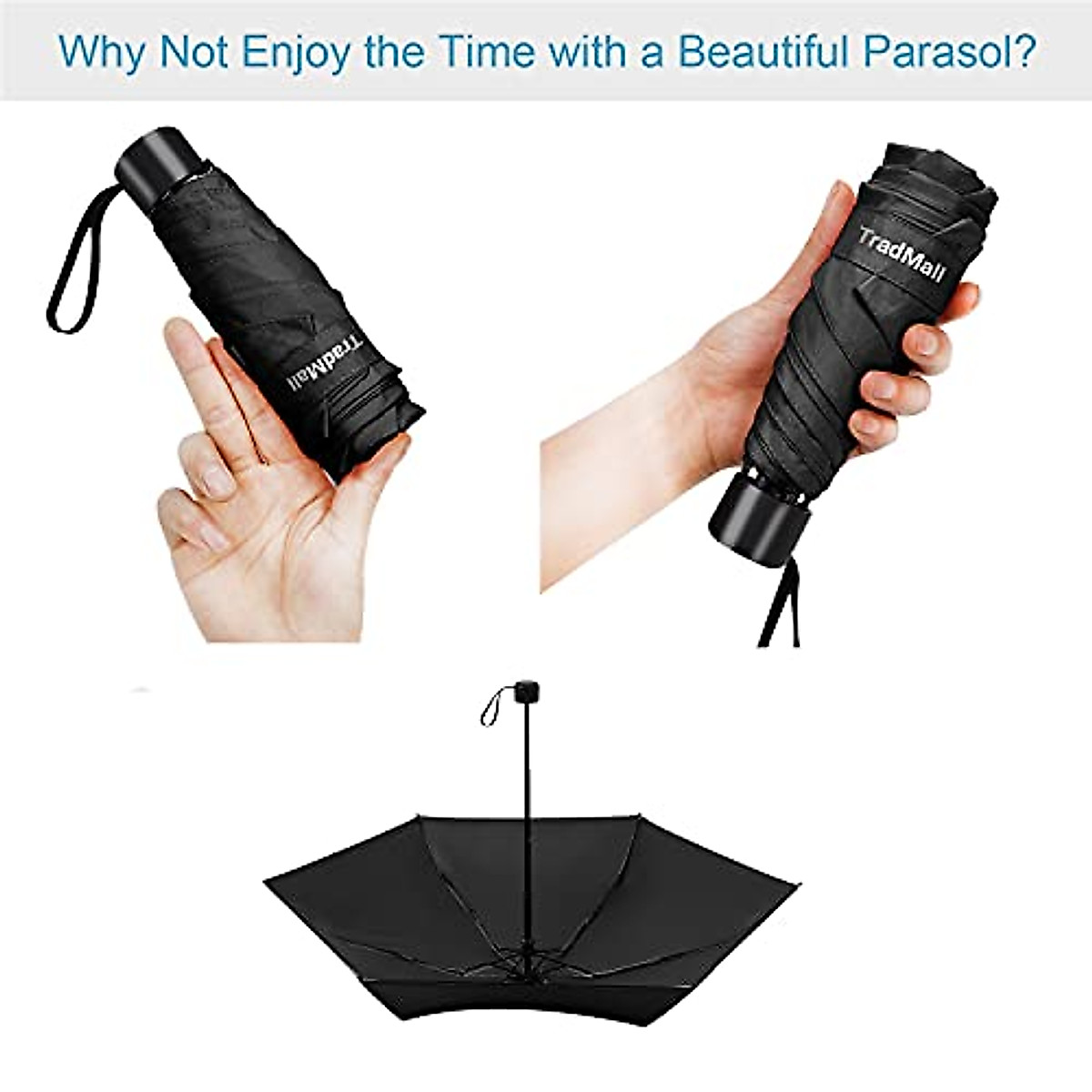 TradMall Mini Travel Umbrella, Portable Lightweight Compact Parasol with 95% UV Protection for Sun & Rain, Black