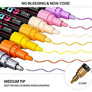 Emooqi Acrylic Paint Pens, Set of 12 Pcs Paint Markers Pens for Rocks, Craft, Ceramic, Glass, Wood, Fabric, Canvas -Art Crafting Supplies