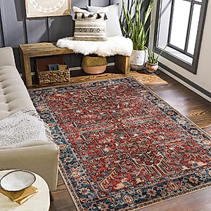 Valenrug Washable Rug 8x10 - Ultra-Thin Antique Collection Stain Resistant Area Rug for Living Room Bedroom, Distressed Vintage Rug(Red, 8'x10')