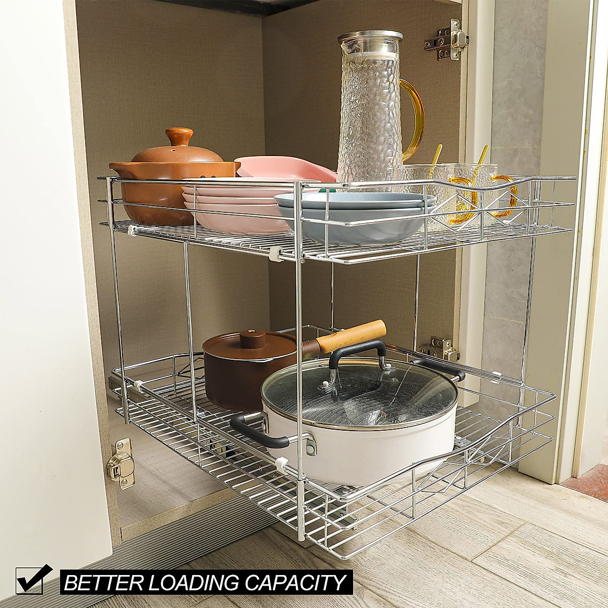 TQVAI 2 Tier Pull Out Cabinet Organizer, Sliding Out Under Sink Cookware Organizer, Wire Shelf Storage Basket for Kitchen Bathroom - 14" W x 21" D x 16-3/8"H, Request at Least 15 Inch Cabinet Opening