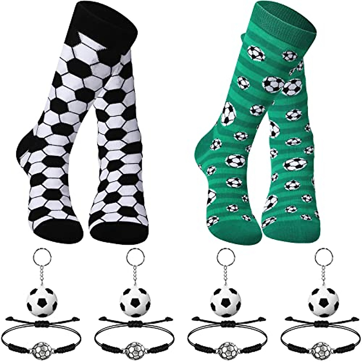 JaGely 10 Pcs Novelty Soccer Socks Gift Pack,Including 2 Pairs Soccer Crew Socks, 4 Pcs Adjustable Soccer Bracelets, 4 Pcs Soccer Keychains for Men Women and Teens, One Size