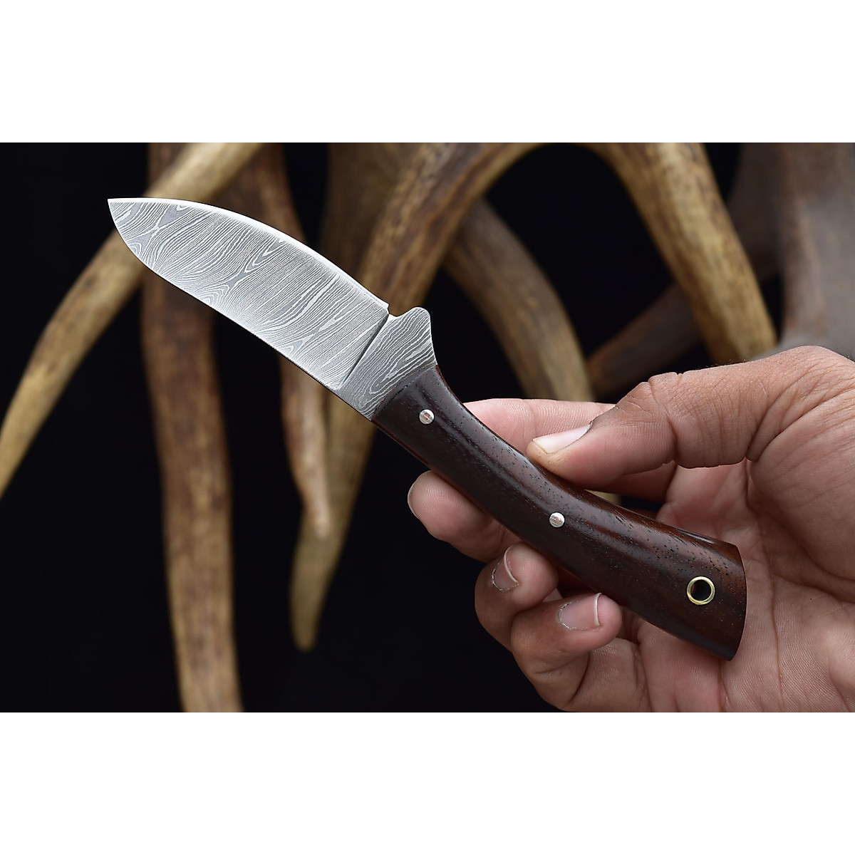 Knives Ranch Damascus Skinning Knife, Fixed Blade Hunting Knife with Rosewood Handle and Heavy-Duty Dual Horizontal/Vertical Sheath (3129-IRW)