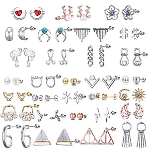 32 Pairs Assorted Stainless Steel Stud Earrings for -s Women Women-Cute Animal Faux Pearl Cat Elephant Sun Moon Star CZ Twise Heart Geometric Pattern Small Statement Bar Stud Earring Set (#5)