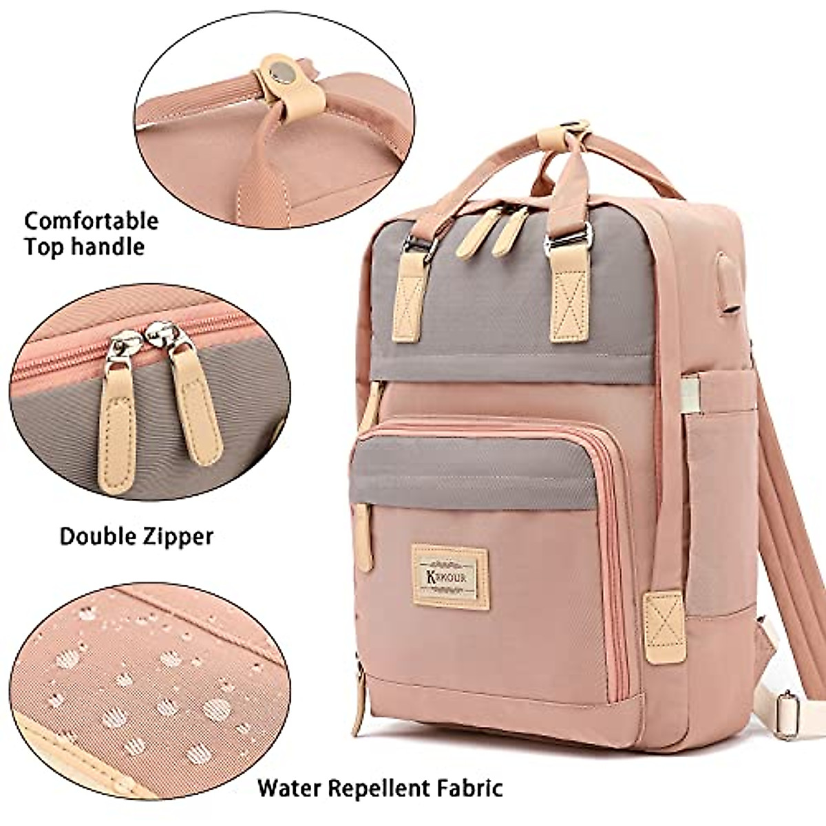 KeKour Laptop Backpack for Women,14 Inch Work Laptop Bag with USB Port Travel Computer College Casual Daypack for Weekender (Pink)