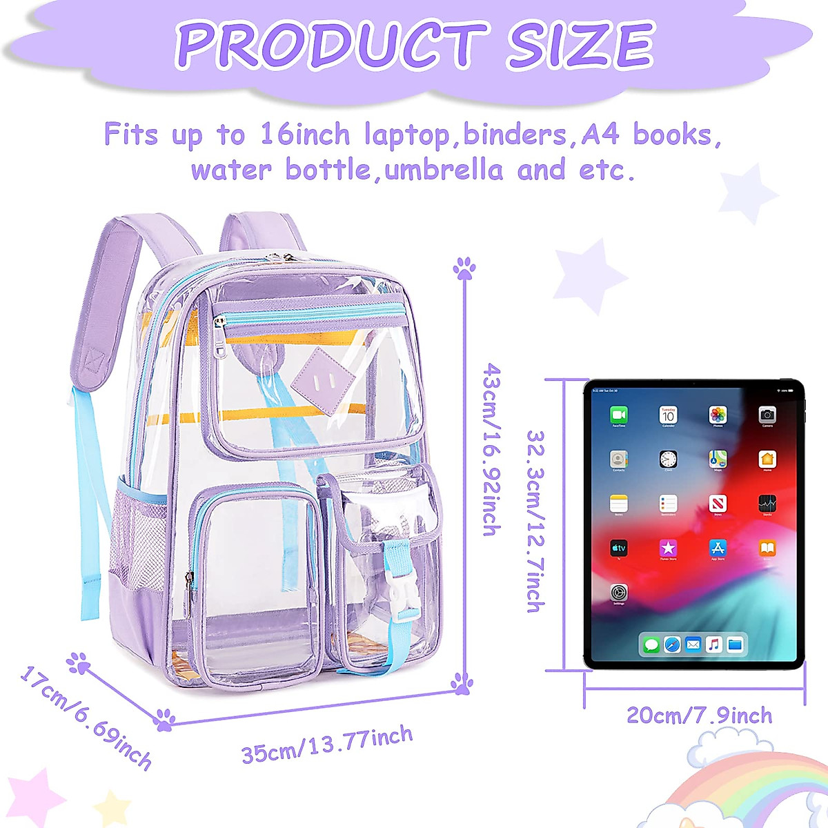PIG PIG GIRL Clear Backpack for School,Heavy Duty PVC Transparent Bookbag for Girls Stadium Approved See Through Backpack for Women for College Work Travel Festival,Purple and Blue