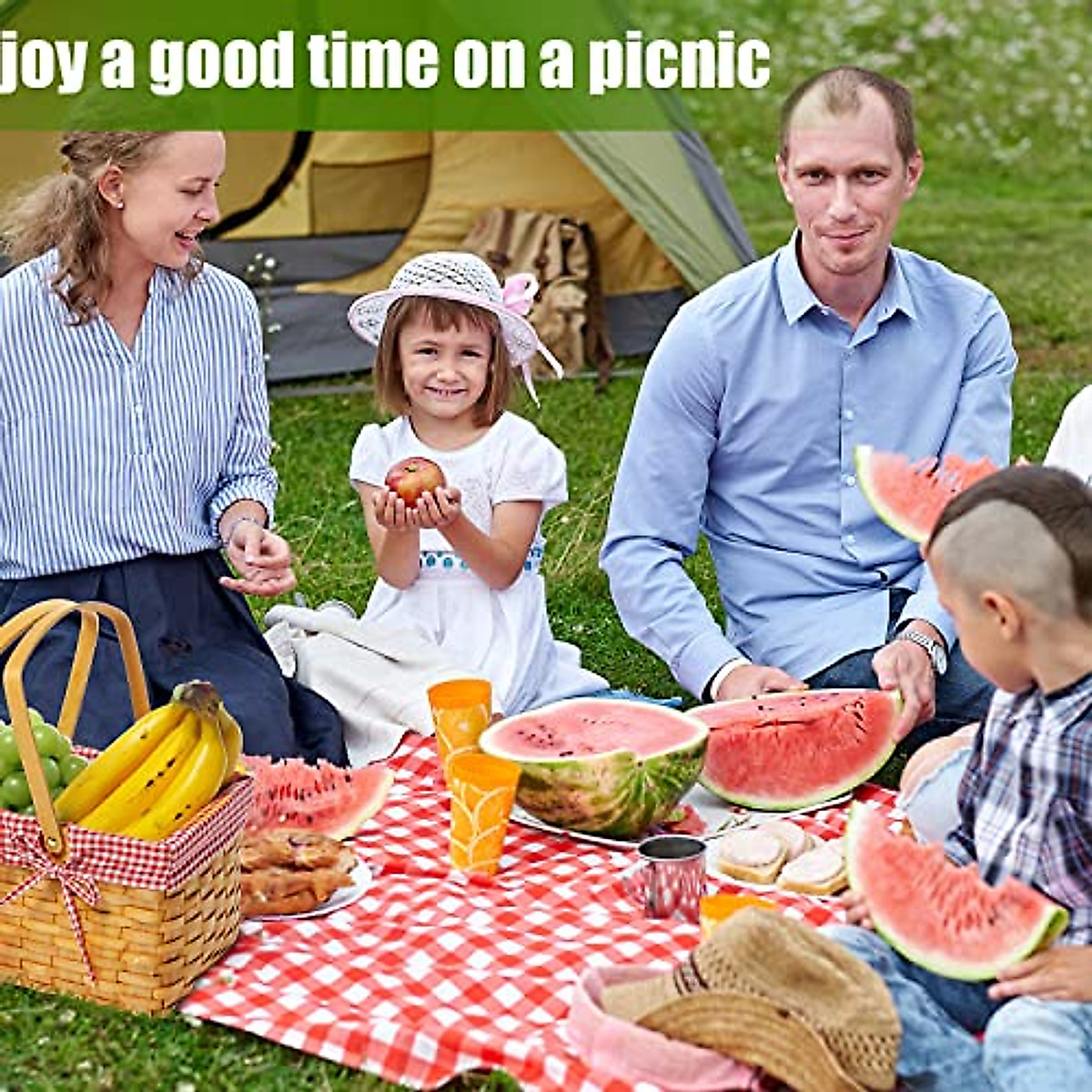 Picnic Basket Natural Woven Woodchip Basket with Double Folding Handles, Picnic Blanket Easter Basket for Easter Egg Candy Halloween Christmas Kids Toy Storage (Red and White Grid)