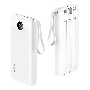 VRURC Portable Charger 10000mAh, Slim LED Display Power Bank, 5 Output 2 Input Cell Phone Battery Pack, Built-in Micro & USB C Cables Phone Charger Compatible with iPhone,Samsung,Android-White(1 Pack)