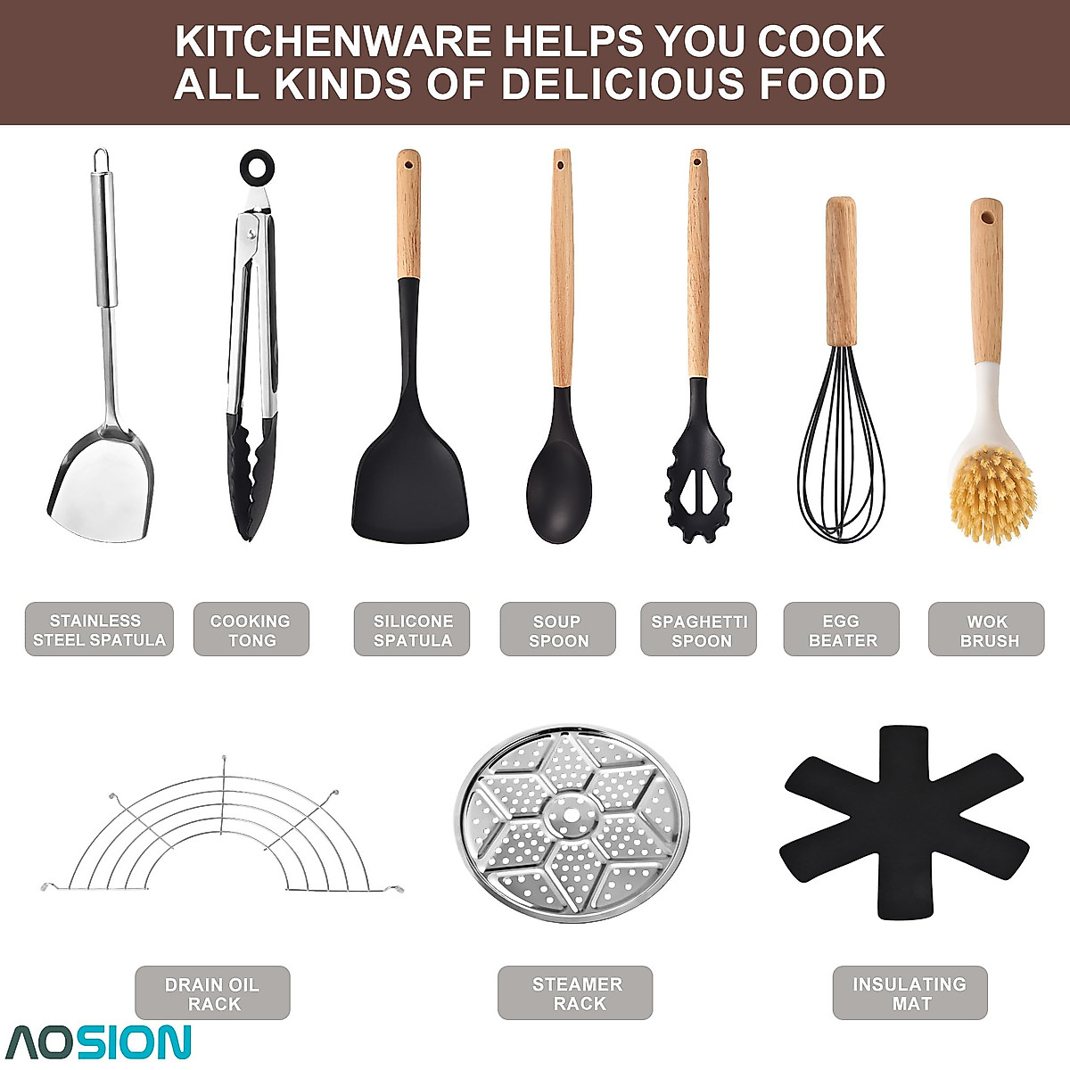 AOSION 13'' Carbon Steel Wok, 12 Piece Wok Pan & Stir-Fry Pans Set with Lid & Cookwares, No Chemical Coated Flat Bottom Chinese Wok Pan for Induction, Electric, Gas, Halogen, All Stoves