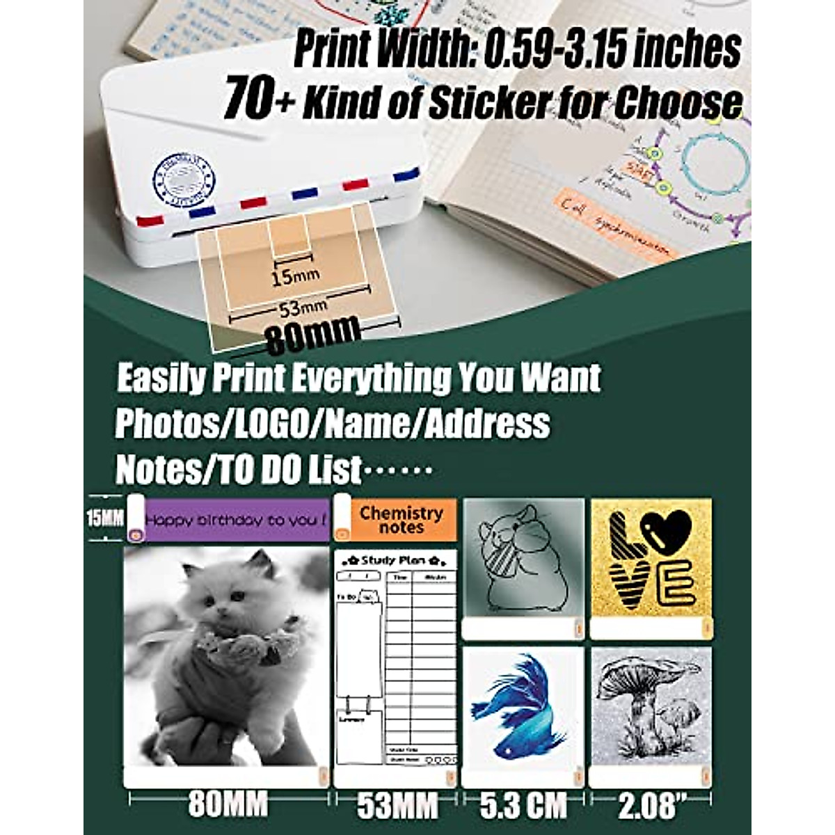 Memoking Thermal Mini Printer - 3" Photo Sticker Printer Machine with Tape 1Roll, M03AS Inkless Bluetooth Printer for Phone&Pad, HD 305DPI Mini Sticker Maker Machine Printer for Photo,Note,Memo Labels