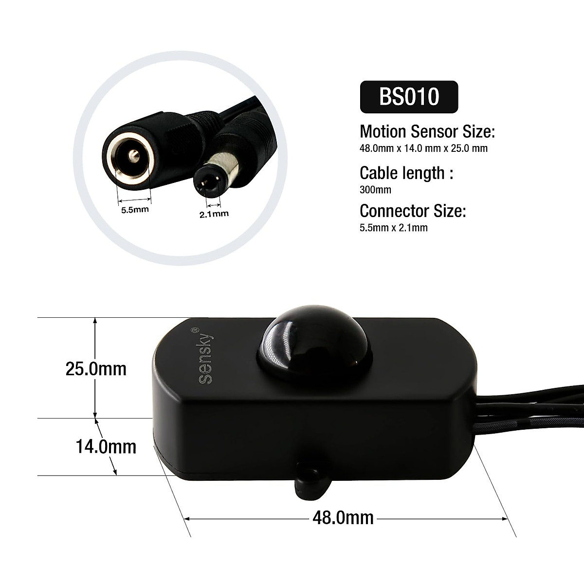 SENSKY BS010H DC 12V to 30V 3A Mini Pir Motion Sensor Switch,Occupancy Sensor Switch for Gun Safe, Kitchen Cabinet, Pantry, Closet led Lighting (Black-without Light Sensor)