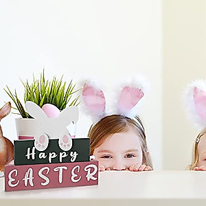 Happy Easter Wooden Signs Easter Tiered Tray Decorations Easter Bunny Rabbits Tabletop Signs Religious Decor Sign Spring Seasonal Decor for Home Tabletop Decorations