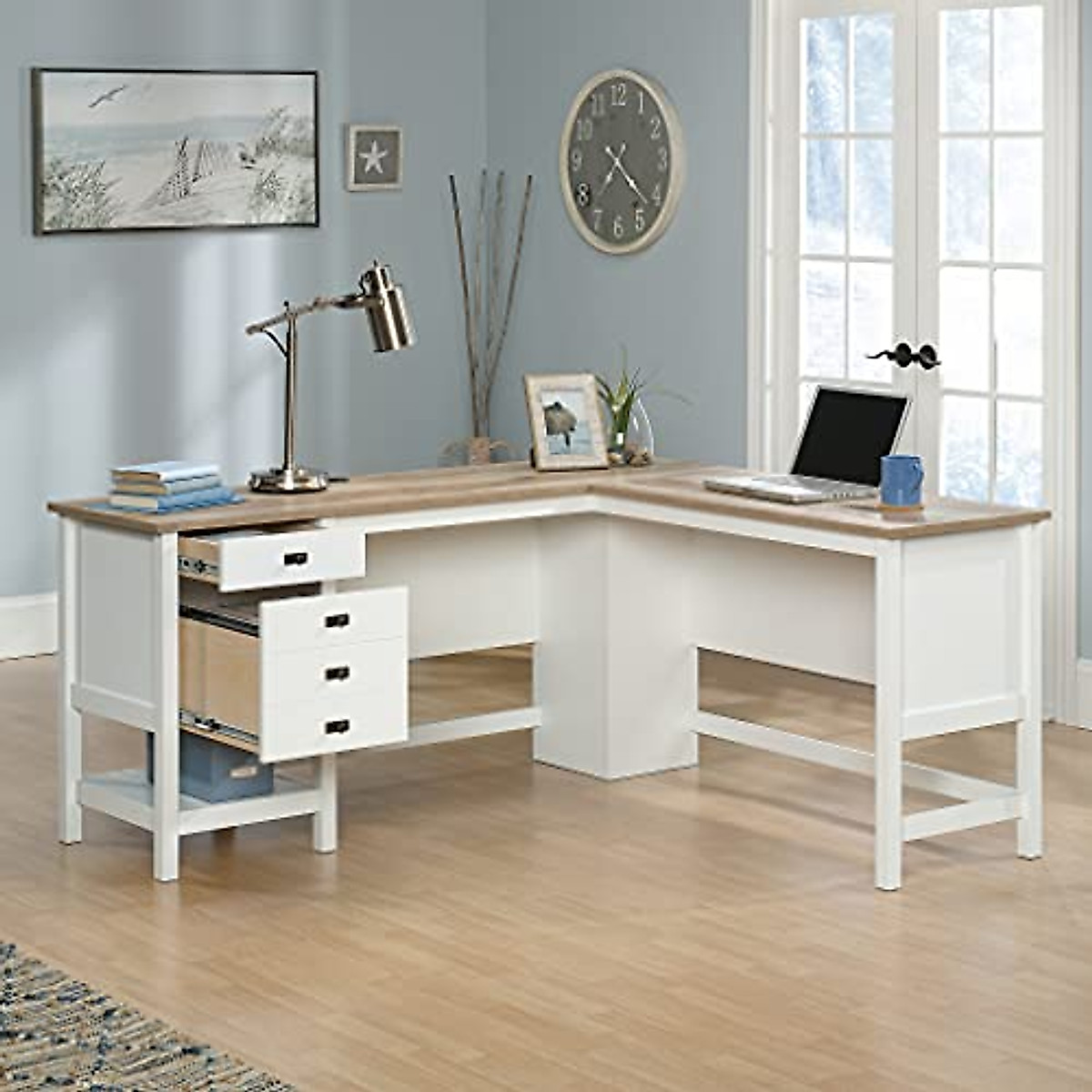 Sauder Cottage Road L-Desk, L: 65.11" x W: 58.66" x H: 29.76", Soft White Finish