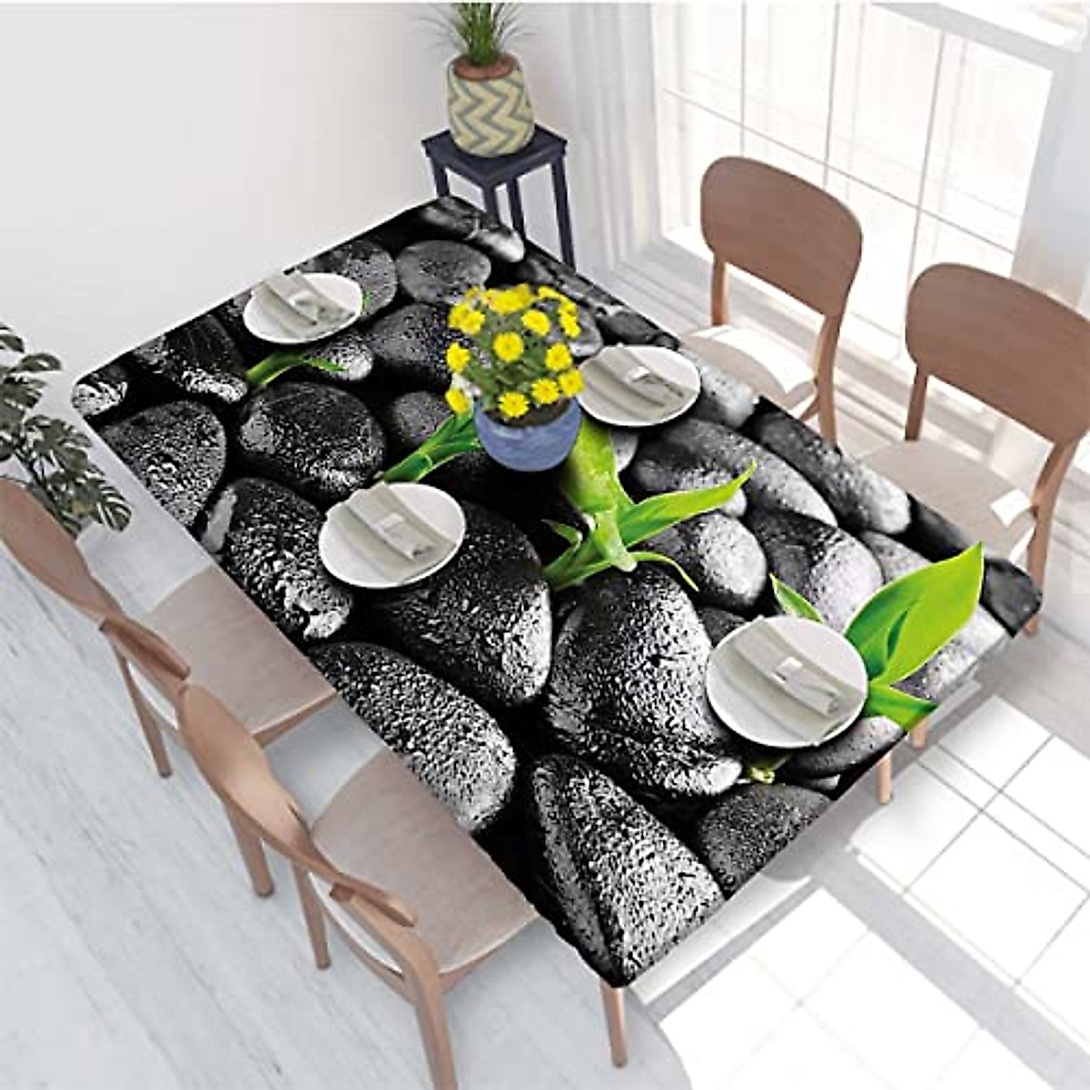 NJZOXR Basalt Stones Bamboo Fitted Tablecloth Rectangle Table Cover - Table Cloth - Fitted Table Covers for 5 Foot Tables