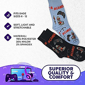 Foozys Mens Crew Socks | Late Night Party & Up to No Good Novelty Socks | 2 Pair (Gamer)