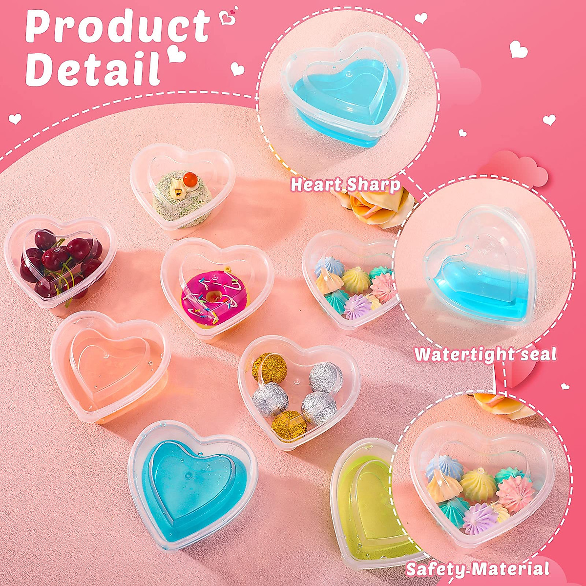 Yinkin 50 Pcs Heart Shaped Storage Containers 5 oz Heart Box Transparent Plastic Heart Containers with Lids Organizer Box for DIY Art Craft Making