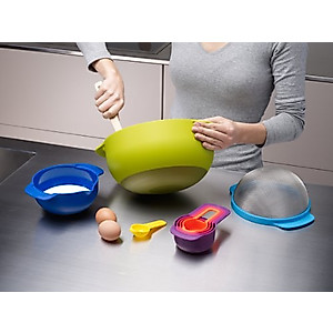 Joseph Joseph Nest 9 Plus, 9 Piece Compact Food Preparation Set with Mixing Bowls, Measuring cups, Sieve and Colander, MultiColor