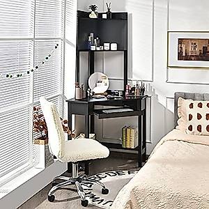 IFANNY Corner Computer Desk with Hutch, Triangle Corner Desk w/Keyboard Tray and Bookshelves, Corner Writing Desk with Storage Shelves, Small Corner Desks for Small Spaces (Black)