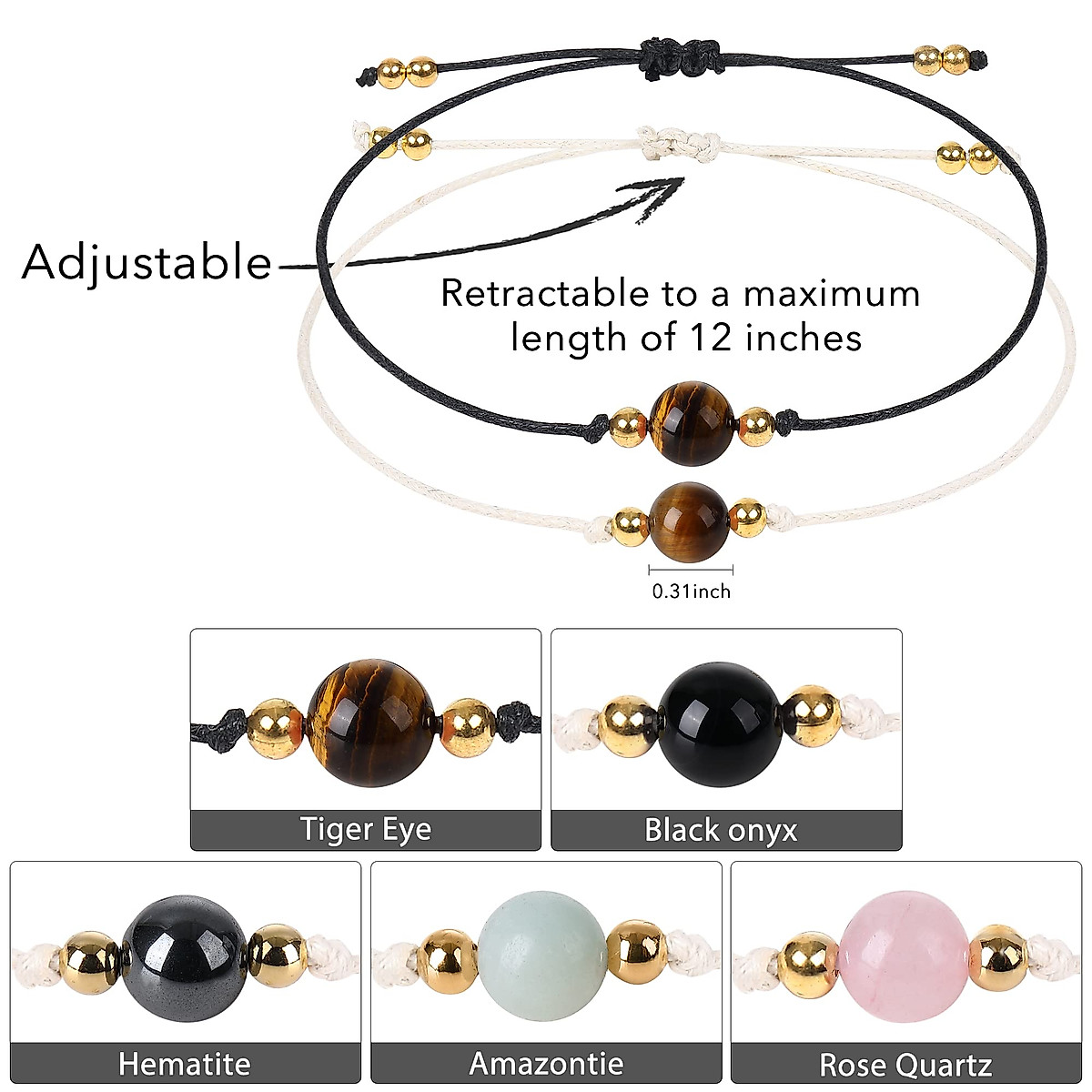 Yhluck 2pcs Tiger Eye Bracelet Handmade Natural Healing Crystal Bracelet with Wish Cards Adjustable Braided Beaded Bracelet Anklet Jewelry Set Yoga Reiki Gift for Couple Friendship